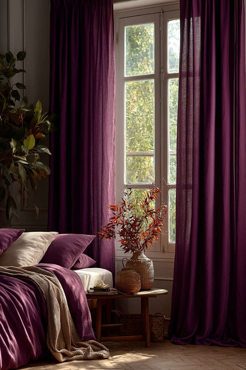 Extra Long Dark purple Linen Curtains - Prewashed Linen Window Drape ...
